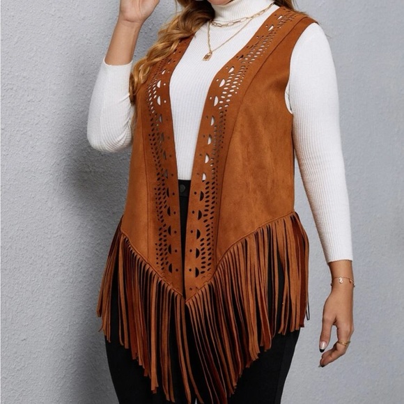 Other | Laser Cut Out Fringe Hem Open Front Suedette Vest W Fringe Hem ...